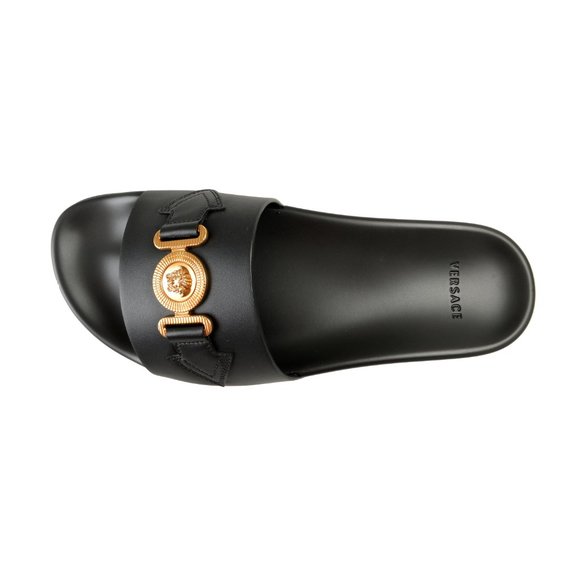 Versace | Shoes | Versace Mens Black Leather Gold Medusa Flip Flops ...